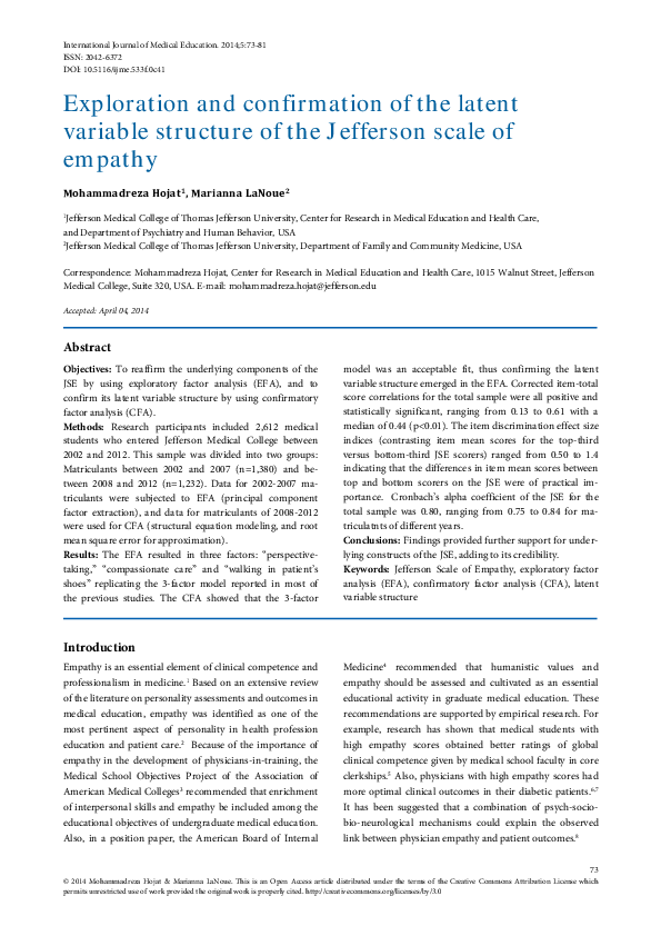 (PDF) Exploration and confirmation of the latent variable structure of the Jefferson scale of ...