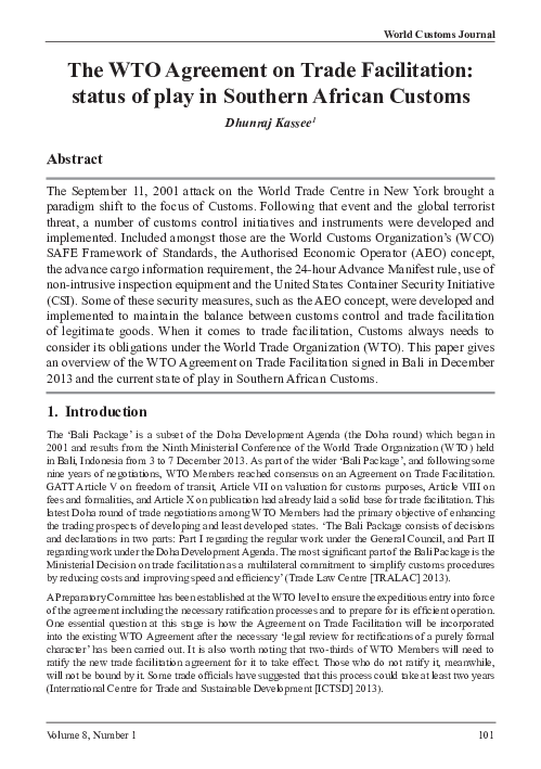 (PDF) The WTO Agreement on Trade Facilitation: status of play in Southern African Customs