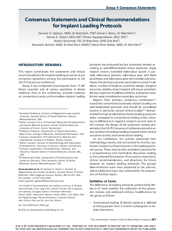 Pdf Consensus Statements And Clinical Recommendations For Implant