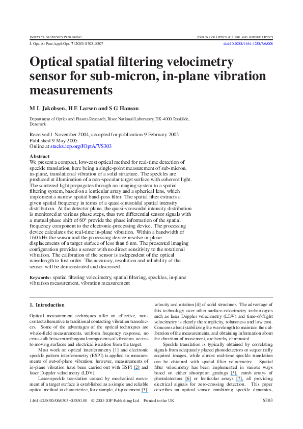 (PDF) Optical spatial filtering velocimetry sensor for sub-micron, in ...