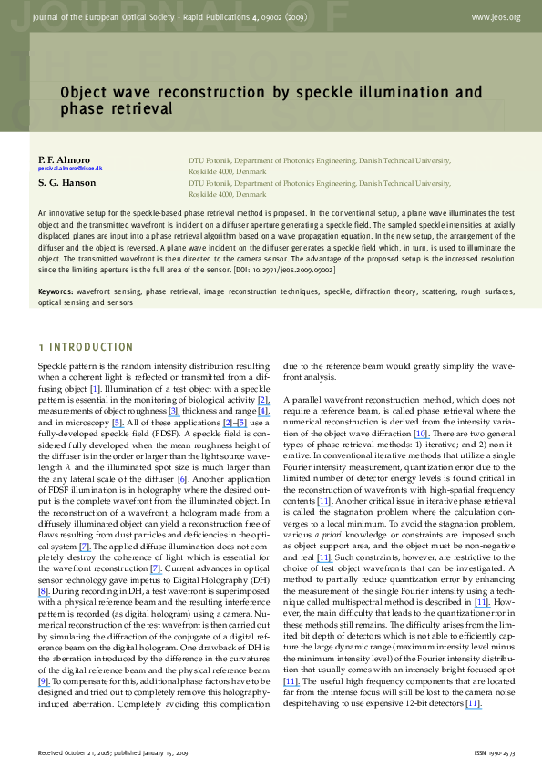 (PDF) Object wave reconstruction by speckle illumination and phase retrieval