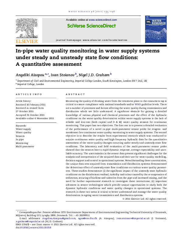 (PDF) In-pipe water quality monitoring in water supply systems under ...