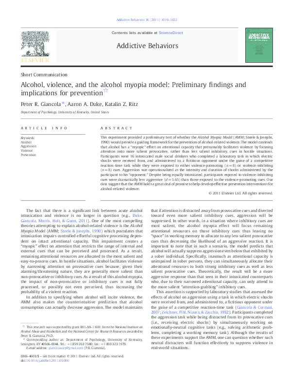 (PDF) Alcohol, violence, and the alcohol myopia model: Preliminary ...