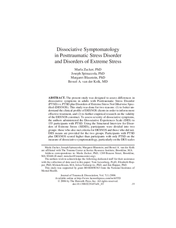 (PDF) Dissociative Symptomatology in Posttraumatic Stress Disorder and Disorders of Extreme Stress