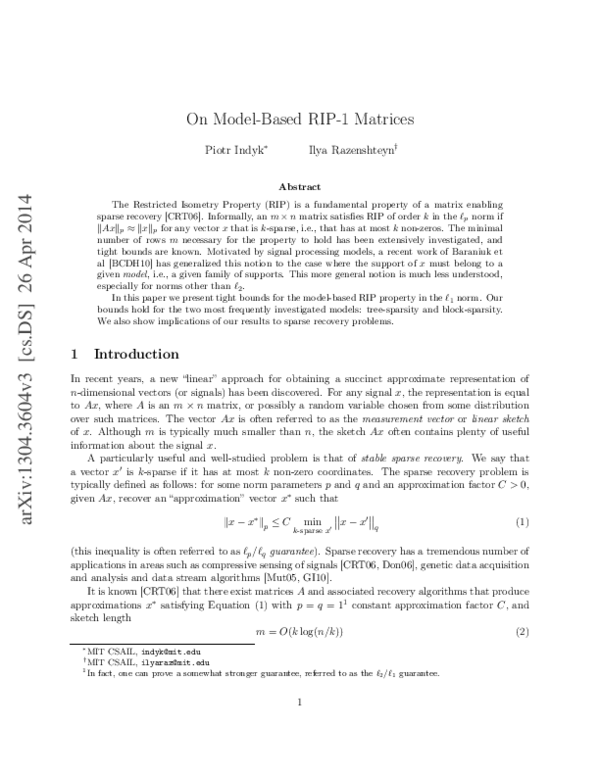 (PDF) On Model-Based RIP-1 Matrices