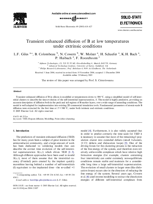 (PDF) Transient enhanced diffusion of B at low temperatures under extrinsic conditions