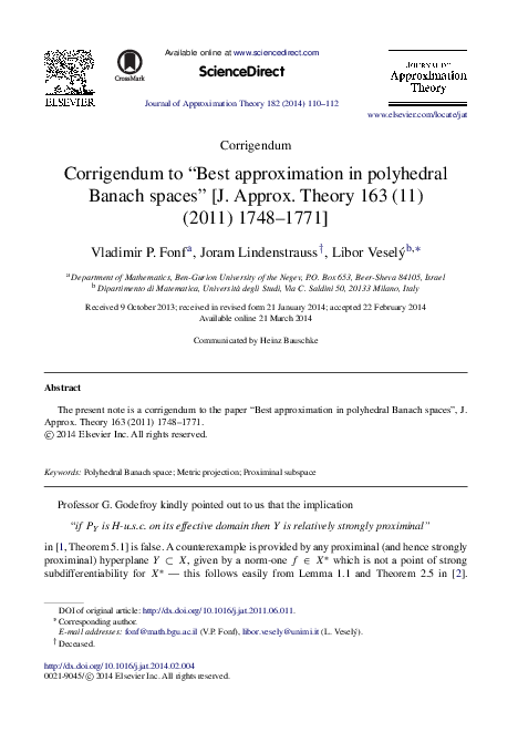 (PDF) Corrigendum to “Best approximation in polyhedral Banach spaces” [J. Approx. Theory 163 (11 ...