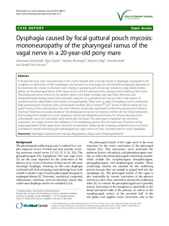 (PDF) Dysphagia caused by focal guttural pouch mycosis: mononeuropathy ...