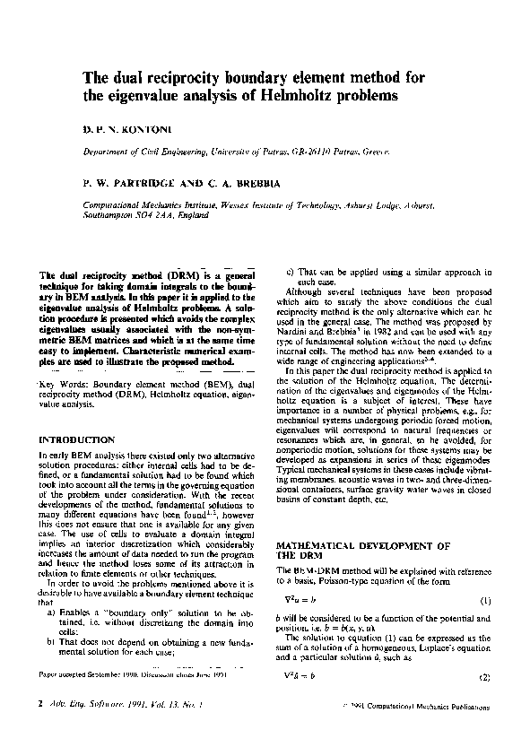 Pdf The Dual Reciprocity Boundary Element Method For The Eigenvalue Analysis Of Helmholtz 