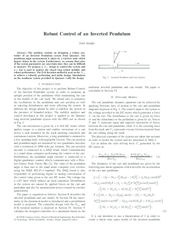 Pdf Robust Control Of An Inverted Pendulum