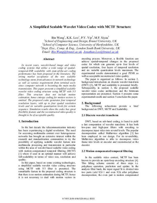 Pdf A Simplified Scalable Wavelet Video Codec With Mctf Structure
