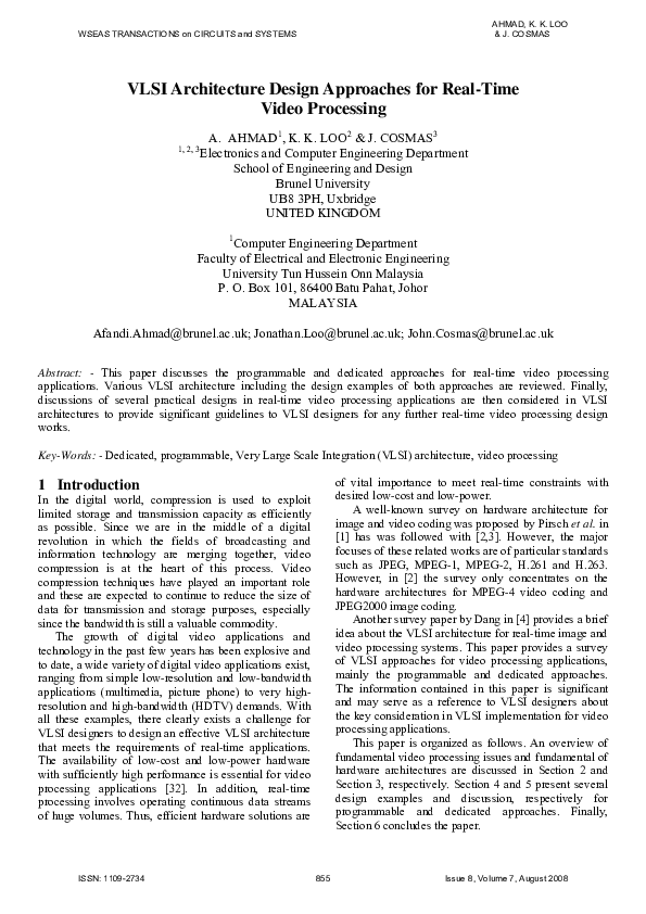 Pdf Vlsi Architecture Design Approaches For Real Time Video Processing