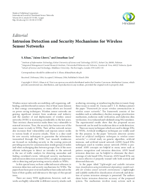 (PDF) Intrusion Detection and Security Mechanisms for Wireless Sensor Networks