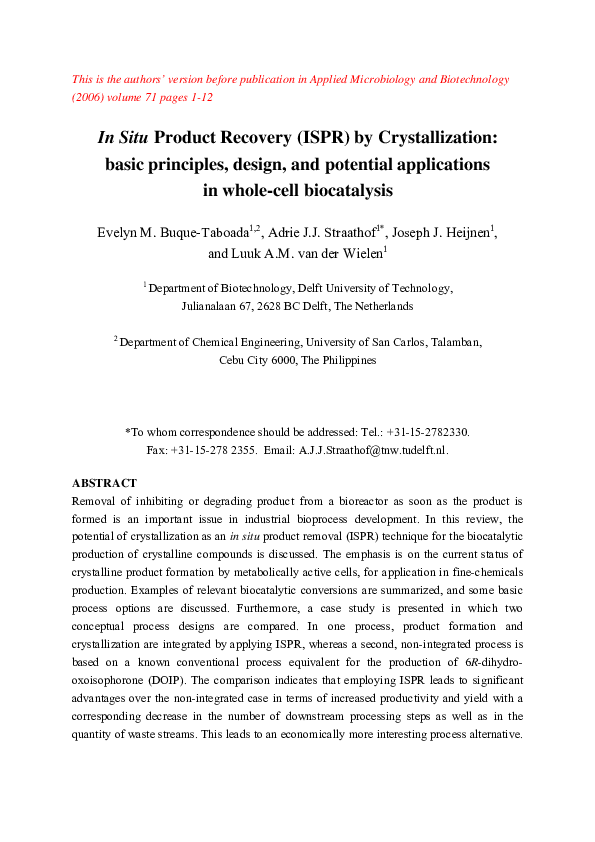 (PDF) In situ product recovery (ISPR) by crystallization: basic ...