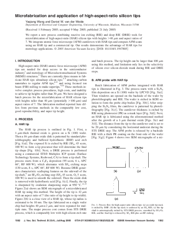Pdf Microfabrication And Application Of High Aspect Ratio Silicon Tips Daniel Van Der Weide