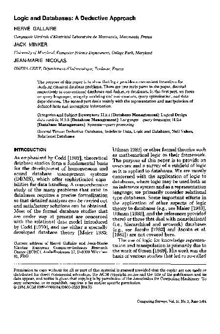 (PDF) Logic and Databases: A Deductive Approach