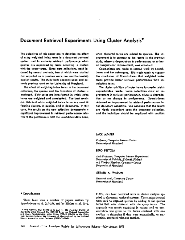 (PDF) Document retrieval experiments using cluster analysis