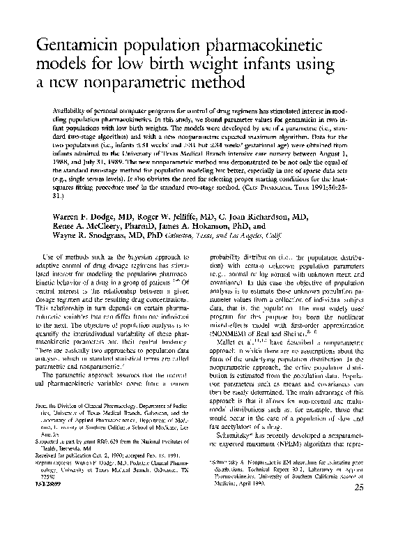 (PDF) Gentamicin population pharmacokinetic models for low birth weight infants using a new ...