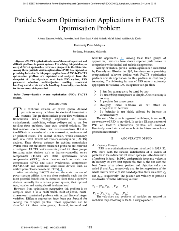 Pdf Particle Swarm Optimisation Applications In Facts Optimisation Problem