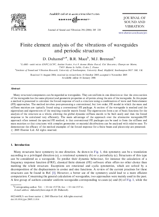 Pdf Finite Element Analysis Of The Vibrations Of Waveguides And Periodic Structures