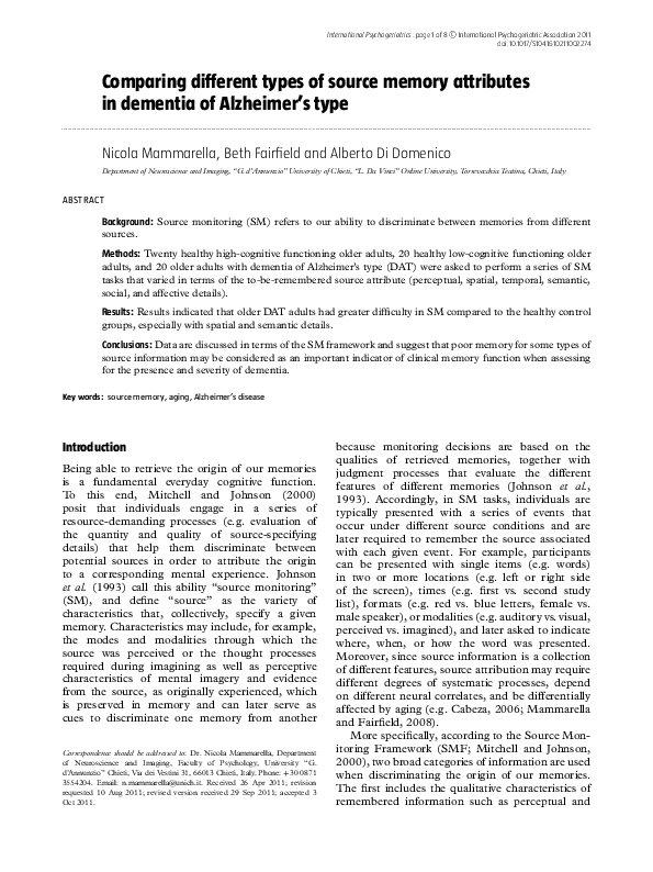 (PDF) Comparing different types of source memory attributes in dementia ...