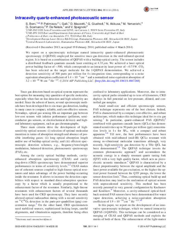 (PDF) Intracavity quartz-enhanced photoacoustic sensor