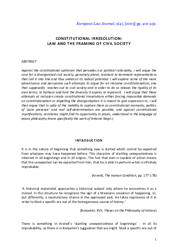 (PDF) CONSTITUTIONAL IRRESOLUTION: LAW AND THE FRAMING OF CIVIL SOCIETY ...