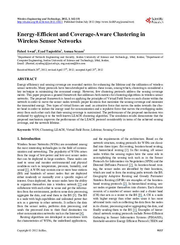 Pdf Energy Efficient And Coverage Aware Clustering In Wireless Sensor Networks