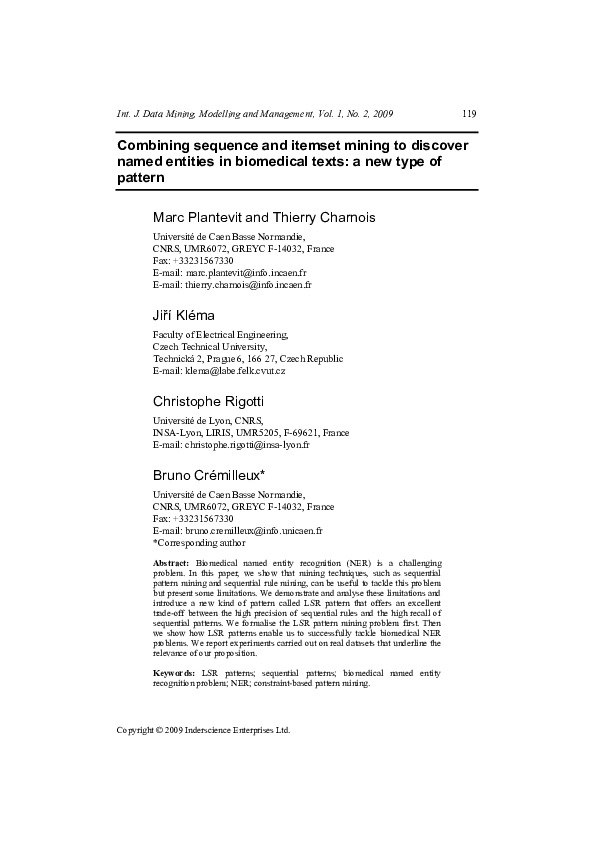 (PDF) Combining sequence and itemset mining to discover named entities in biomedical texts: a ...