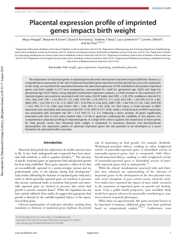(PDF) Placental Expression Profile of Imprinted Genes Impacts Birth Weight