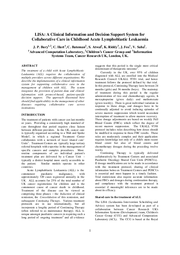 (PDF) LISA: Collaborative Care Support for Childhood ALL Treatment