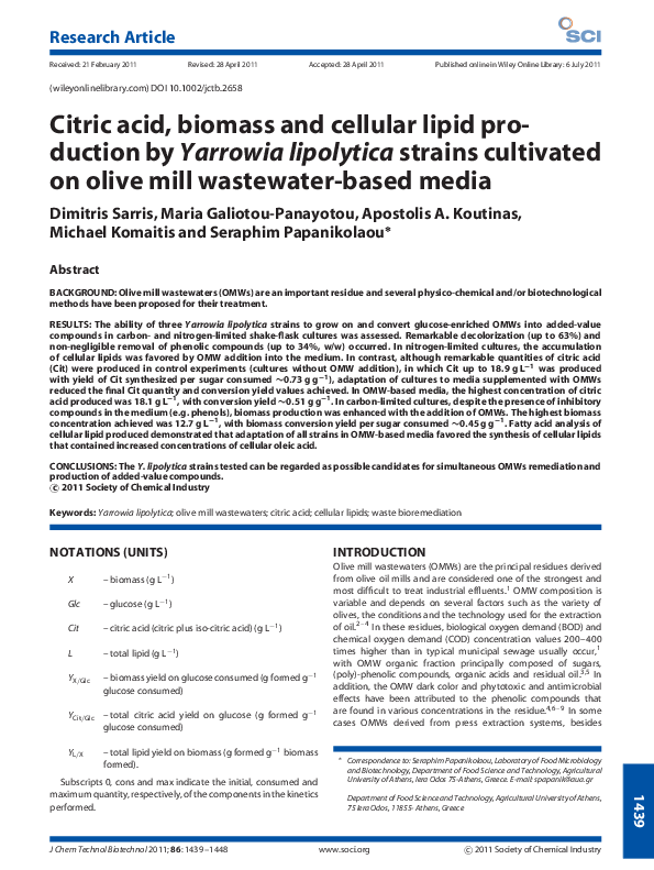 (PDF) Citric acid, biomass and cellular lipid production by Yarrowia ...