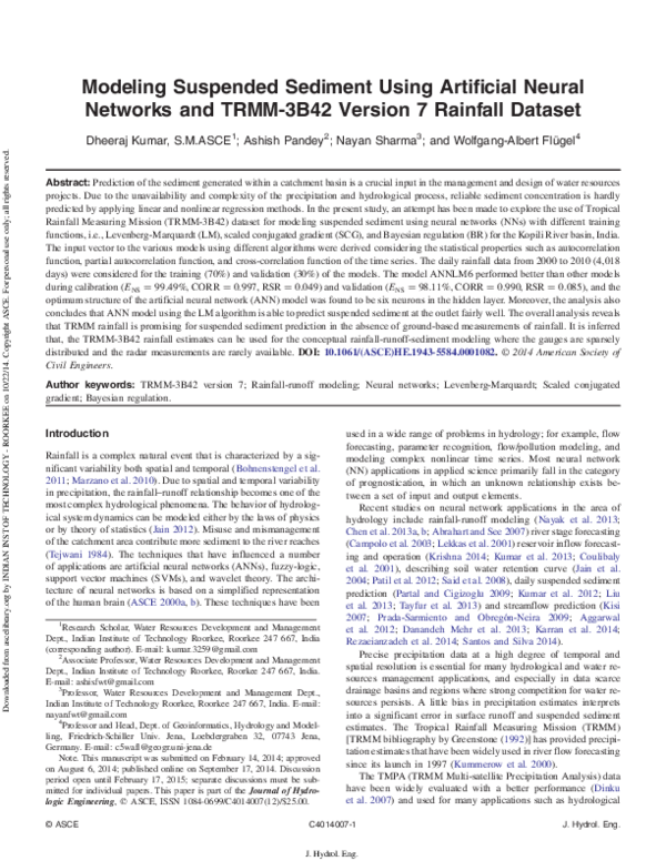 (PDF) Modeling Suspended Sediment Using Artificial Neural Networks and TRMM-3B42 Version 7 ...