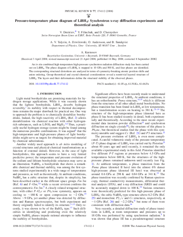 (PDF) Pressure-temperature phase diagram of LiBH4: Synchrotron x-ray diffraction experiments and ...