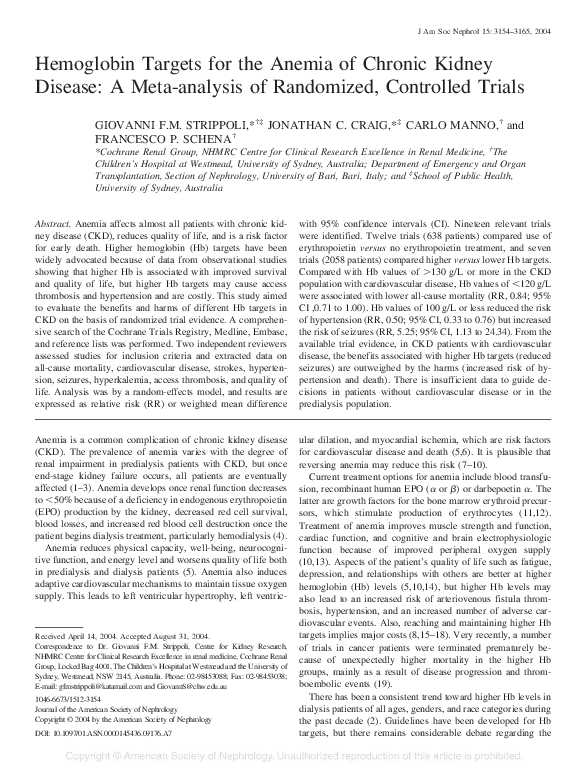 (PDF) Hemoglobin Targets for the Anemia of Chronic Kidney Disease: A ...