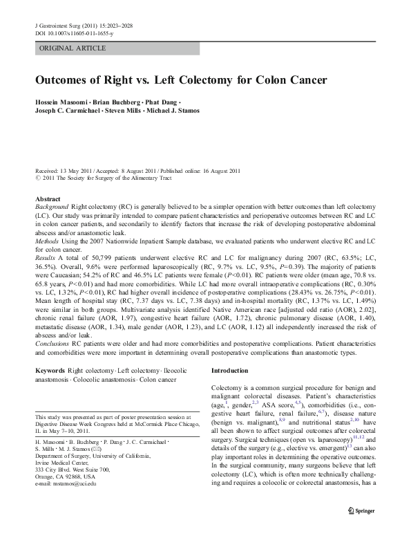 (PDF) Outcomes of Right vs. Left Colectomy for Colon Cancer