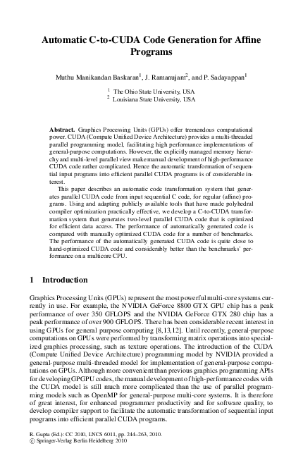 (PDF) Automatic C-to-CUDA Code Generation for Affine Programs
