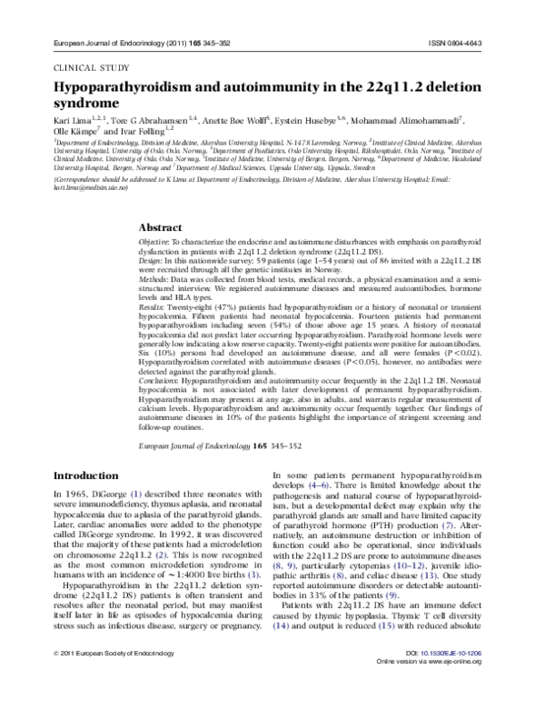 (PDF) Hypoparathyroidism and autoimmunity in the 22q11.2 deletion syndrome