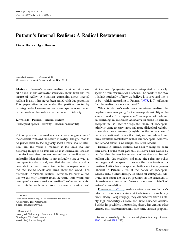(PDF) Putnam’s Internal Realism: A Radical Restatement