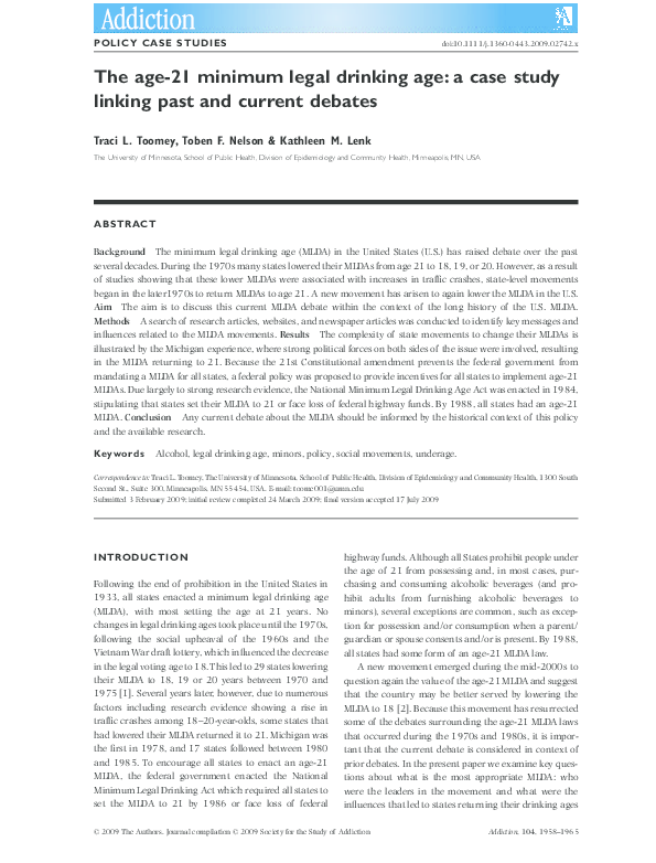 (PDF) The age-21 minimum legal drinking age: a case study linking past ...