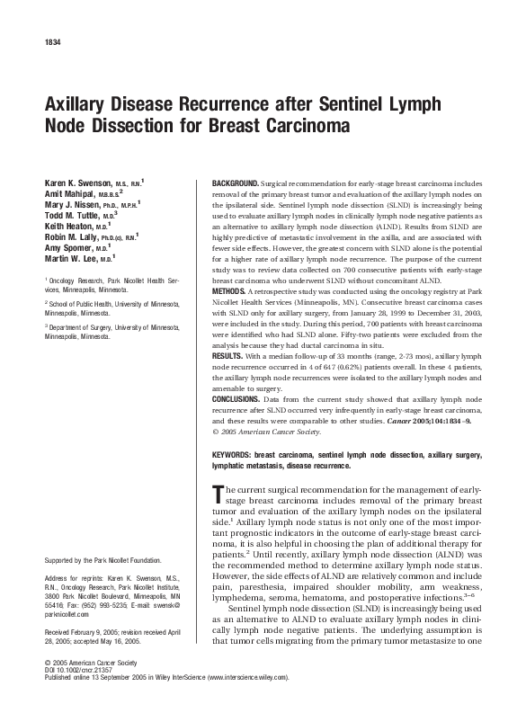 Pdf Axillary Disease Recurrence After Sentinel Lymph Node Dissection For Breast Carcinoma
