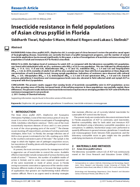 (PDF) Insecticide resistance in field populations of Asian citrus psyllid in Florida