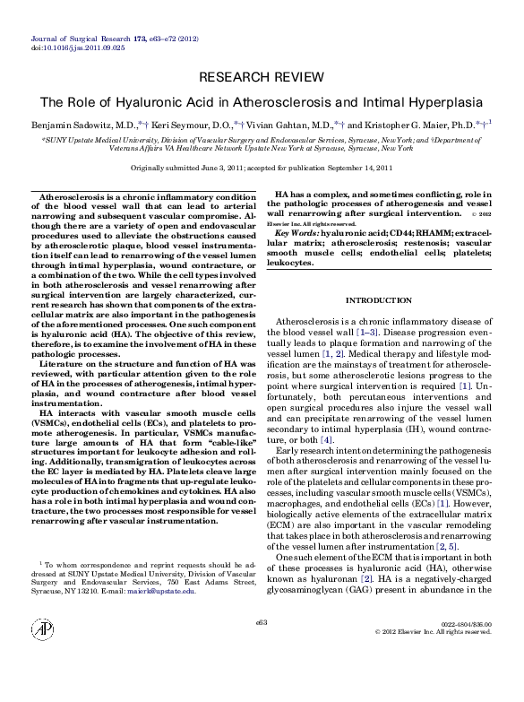 (PDF) The Role of Hyaluronic Acid in Atherosclerosis and Intimal ...