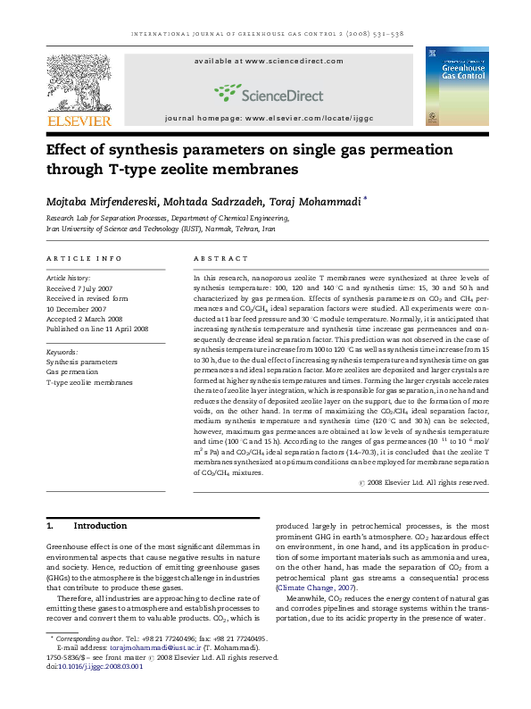 (PDF) Effect of synthesis parameters on single gas permeation through T ...