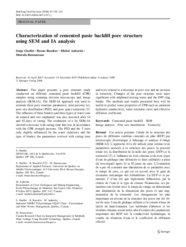 Pdf Characterization Of Cemented Paste Backfill Pore Structure Using Sem And Ia Analysis