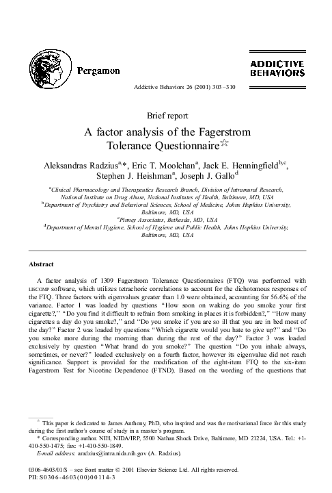 (PDF) A factor analysis of the Fagerstrom Tolerance Questionnaire ...