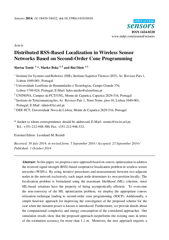 (PDF) Distributed RSS-based localization in wireless sensor networks using convex relaxation