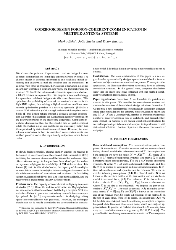 (PDF) Codebook design for non-coherent communication in multiple-antenna systems