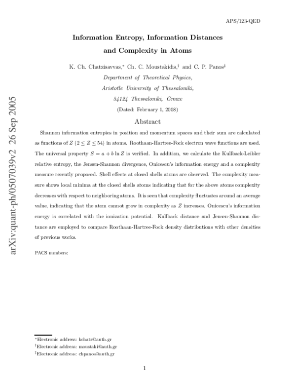 (PDF) Information entropy, information distances, and complexity in atoms