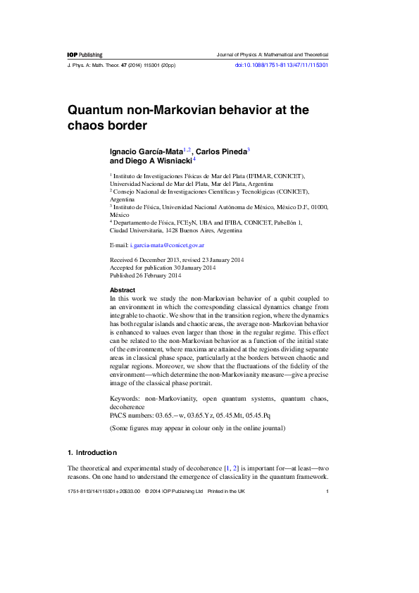 (PDF) Quantum non-Markovian behavior at the chaos border
